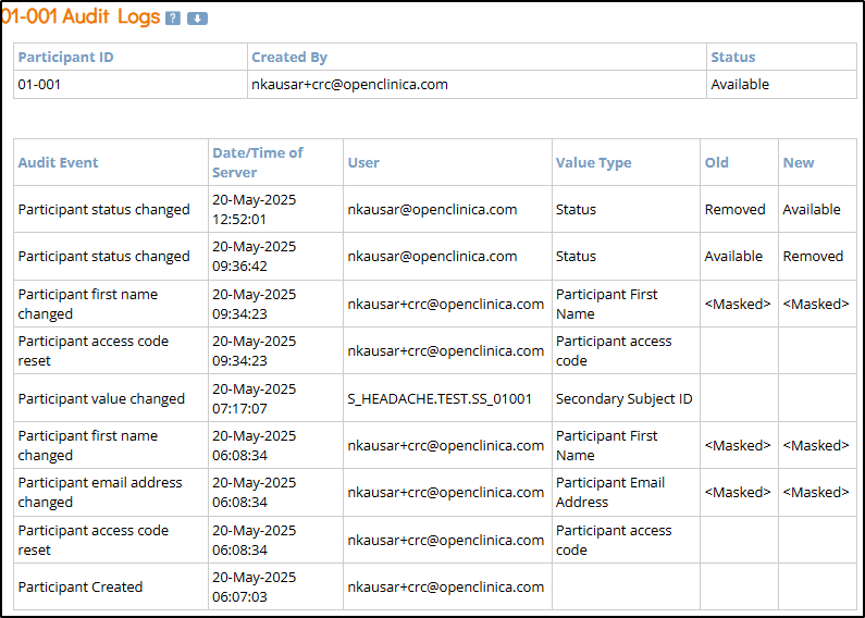 Participant Audit Log - OpenClinica Reference Guide